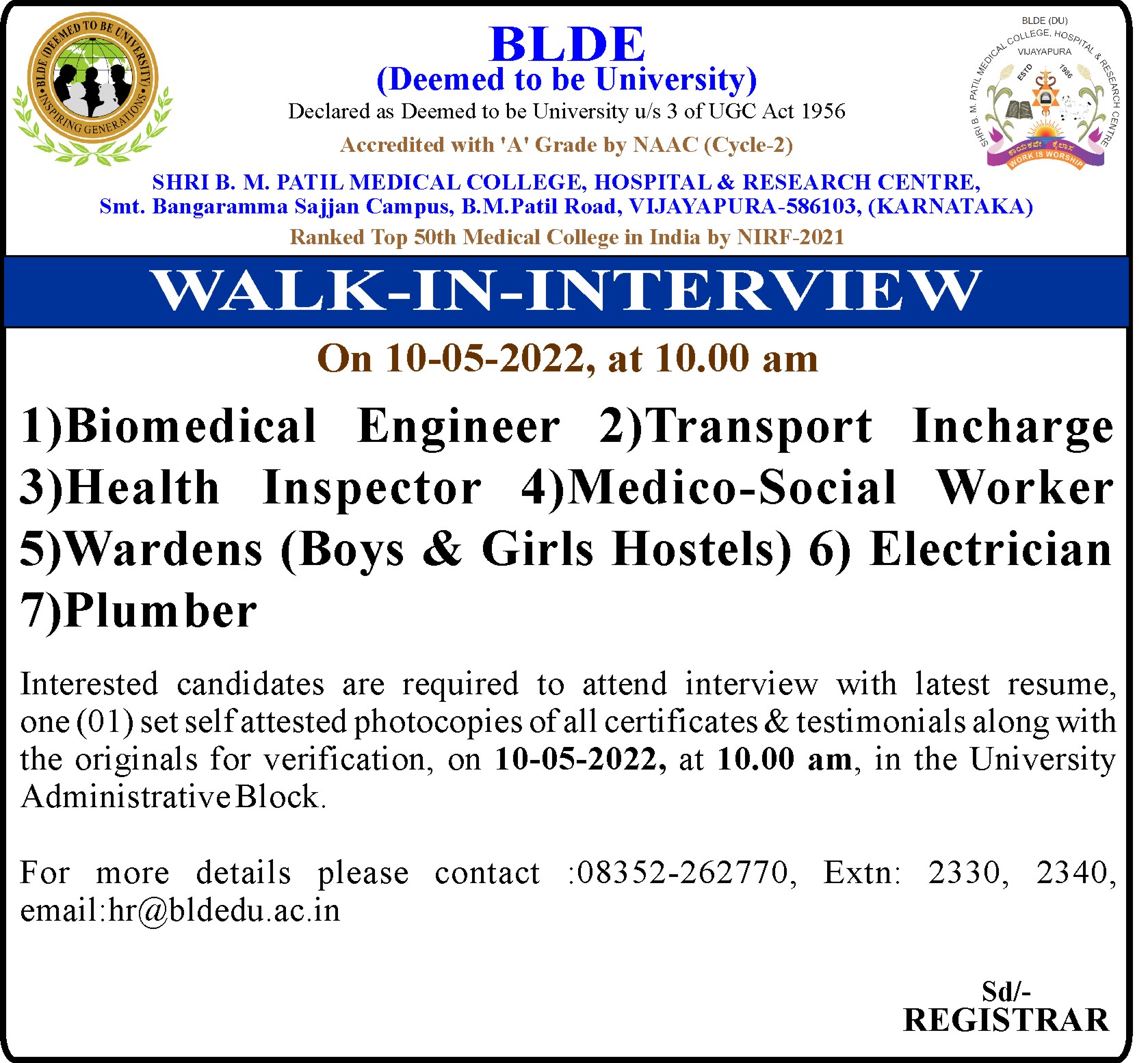 CAREERS – BLDE(Deemed to be University)